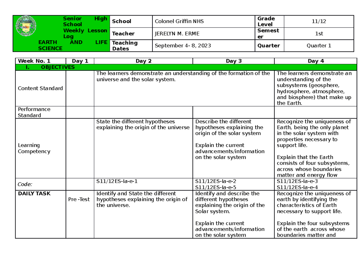 DLL - Week 1 - Earth and Life Science Daily Lesson Log - Studocu