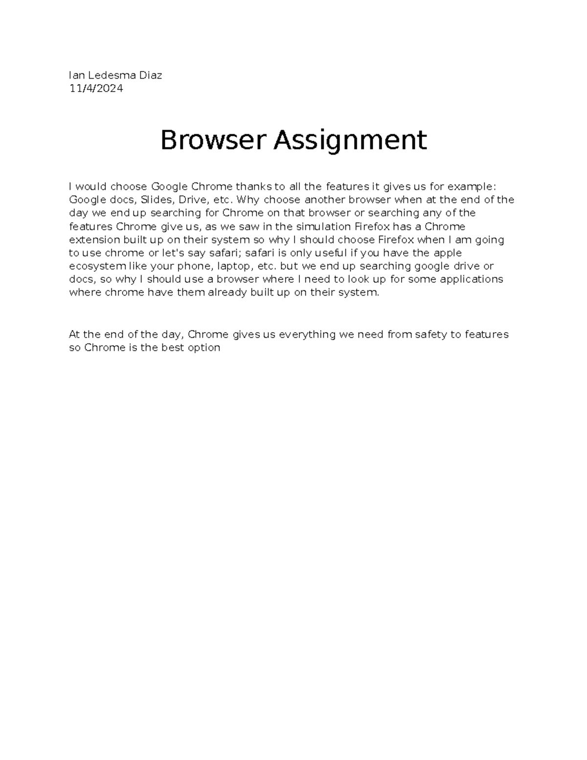 Browser Assignment: Choosing Google Chrome for Optimal Features - Studocu
