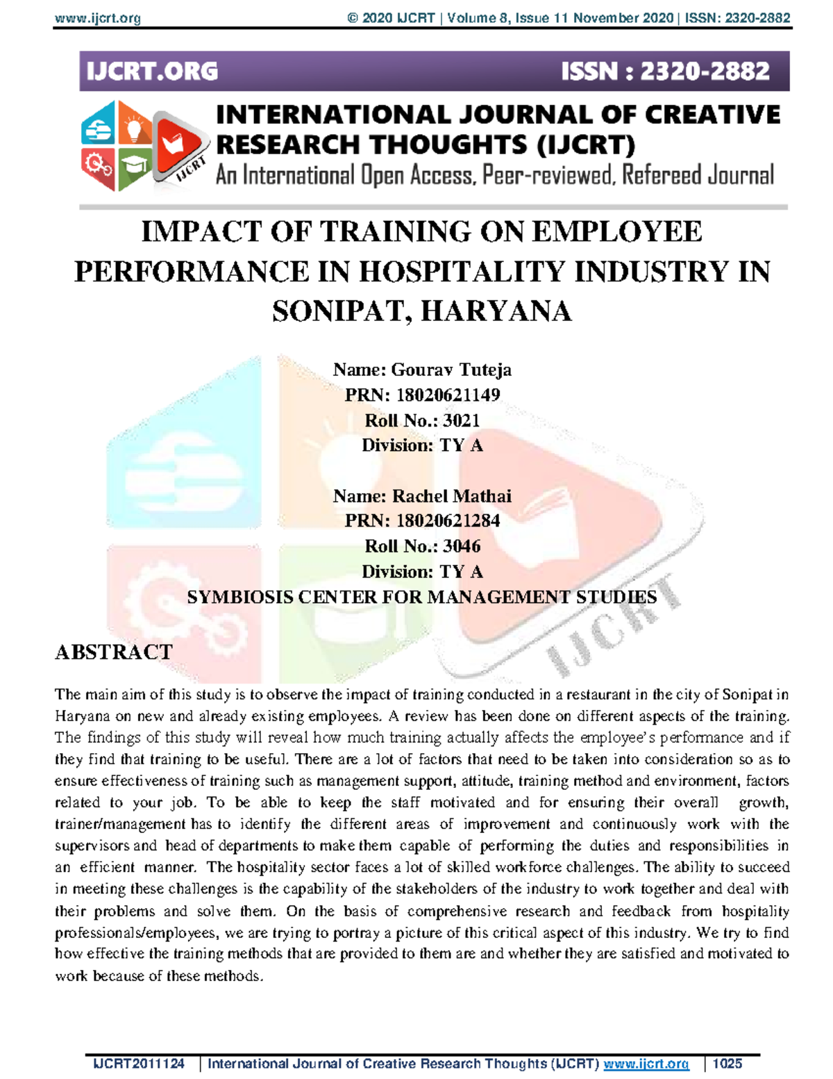 IJCRT 2020: Impact of Employee Training on Hospitality Performance ...