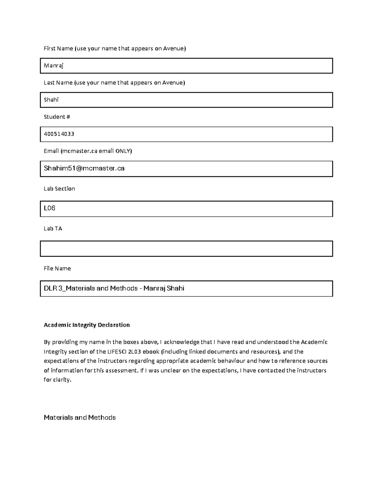 LIFESCI 2L03 DLR 3: Materials and Methods for Cell Culture - Studocu