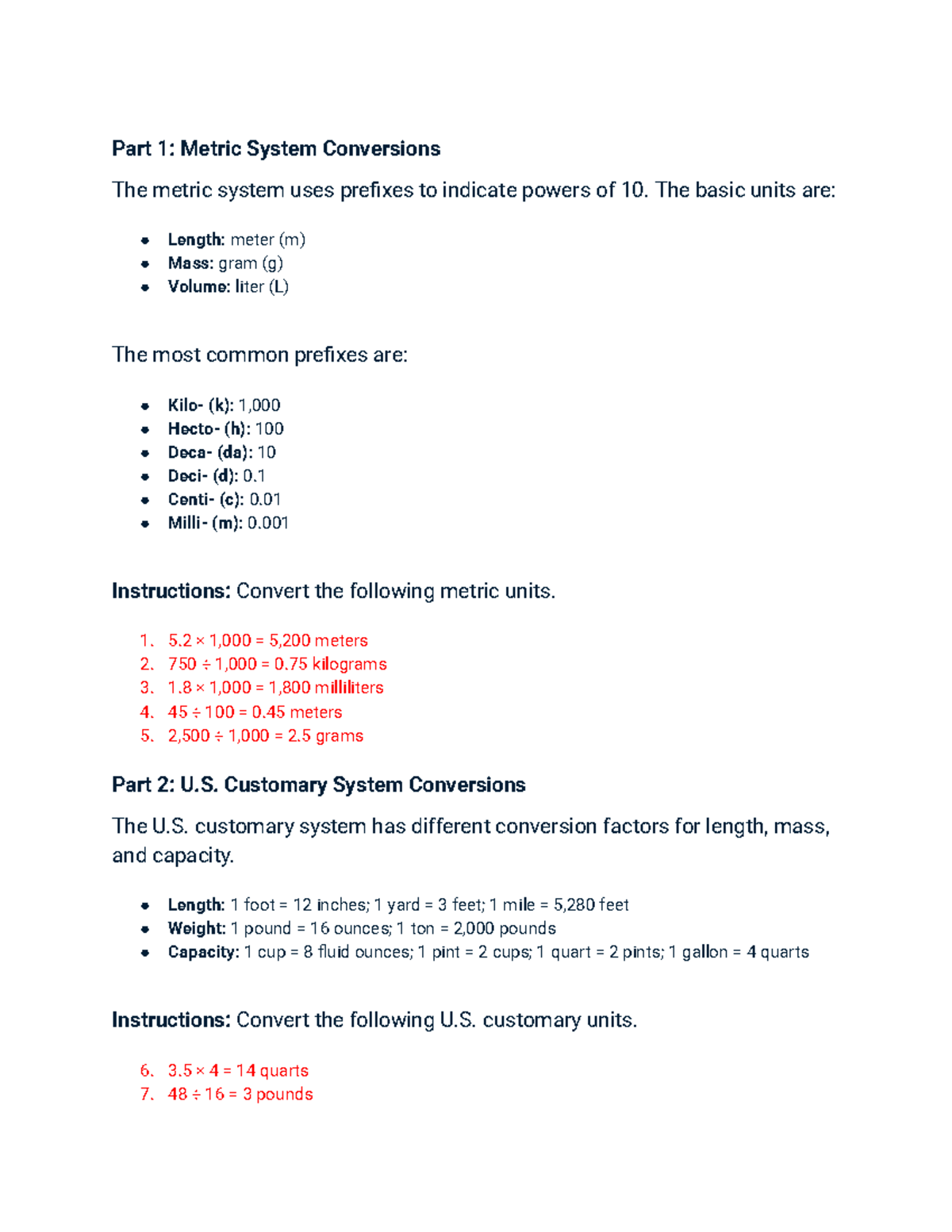 Measurement Systems Worksheet: Metric & U.S. Customary Conversions ...