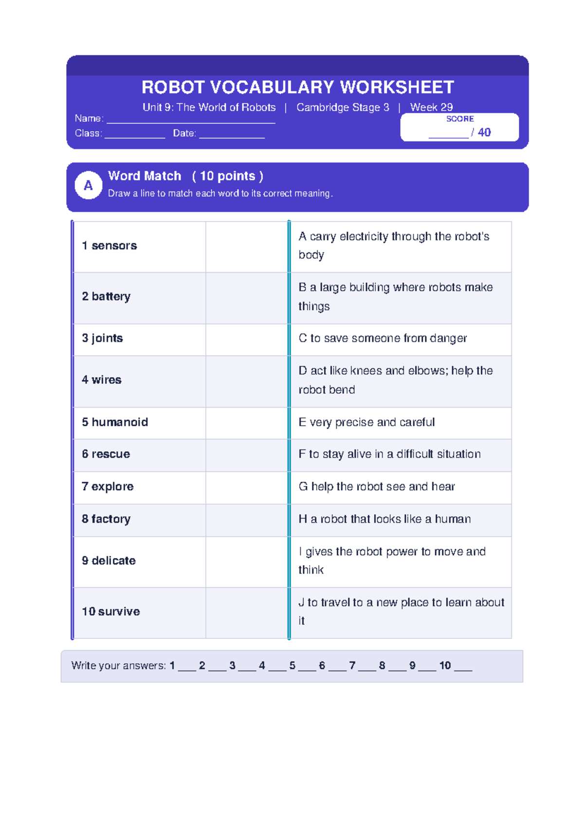 Robot Vocabulary Worksheet: Unit 9 - The World of Robots (Cambridge ...