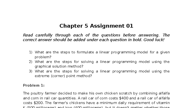 Chapter 5 Assignment 01: Linear Programming Models & Solutions - Studocu
