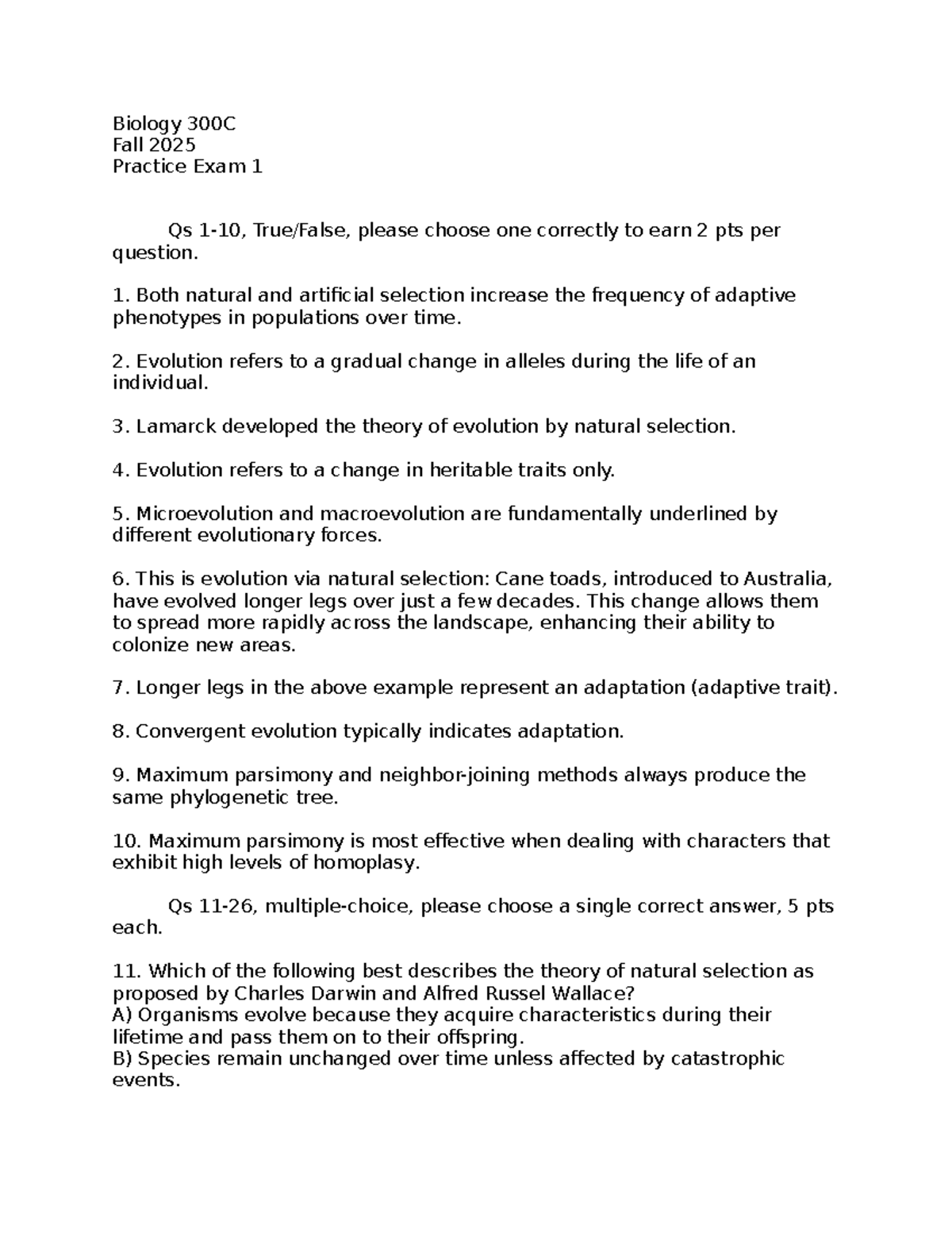 Biology 300C Fall 2025 Practice Exam 1: Evolution & Natural Selection ...
