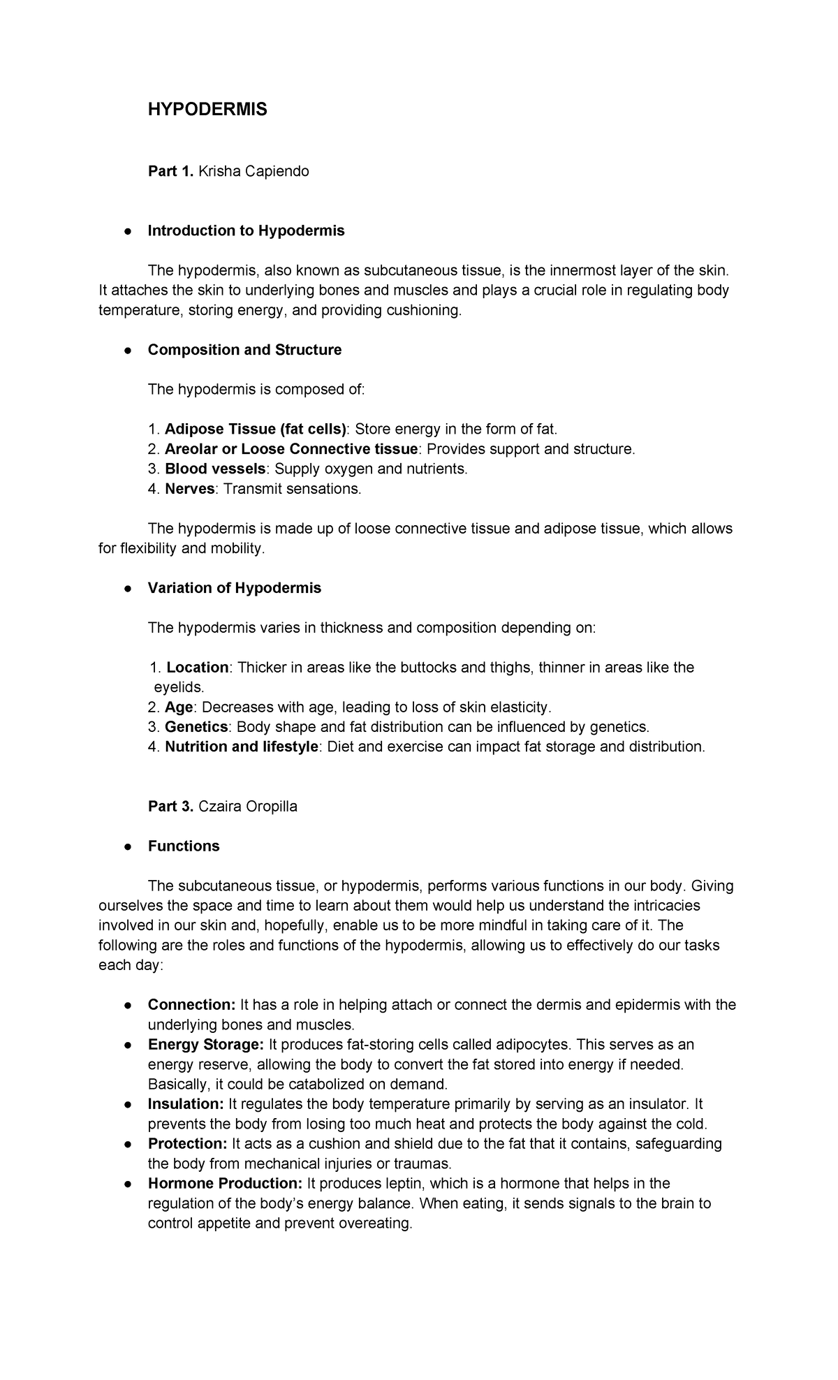 HYPODERMIS Report: Structure, Functions, and Effects on Skin - Studocu