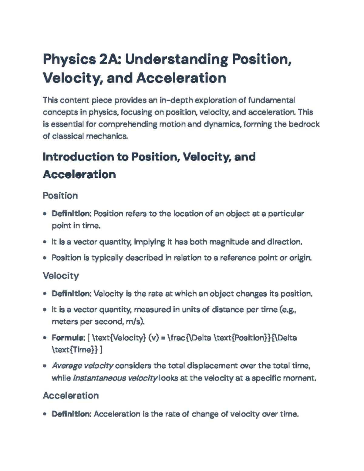 Physics 2A: Exploring Position, Velocity, and Acceleration Concepts ...