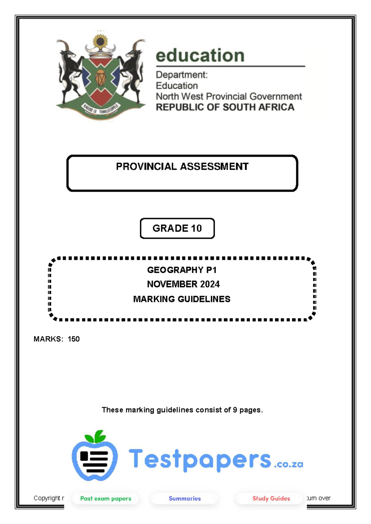 Grade 10 Geography P1 November 2024 Marking Guidelines - Studocu