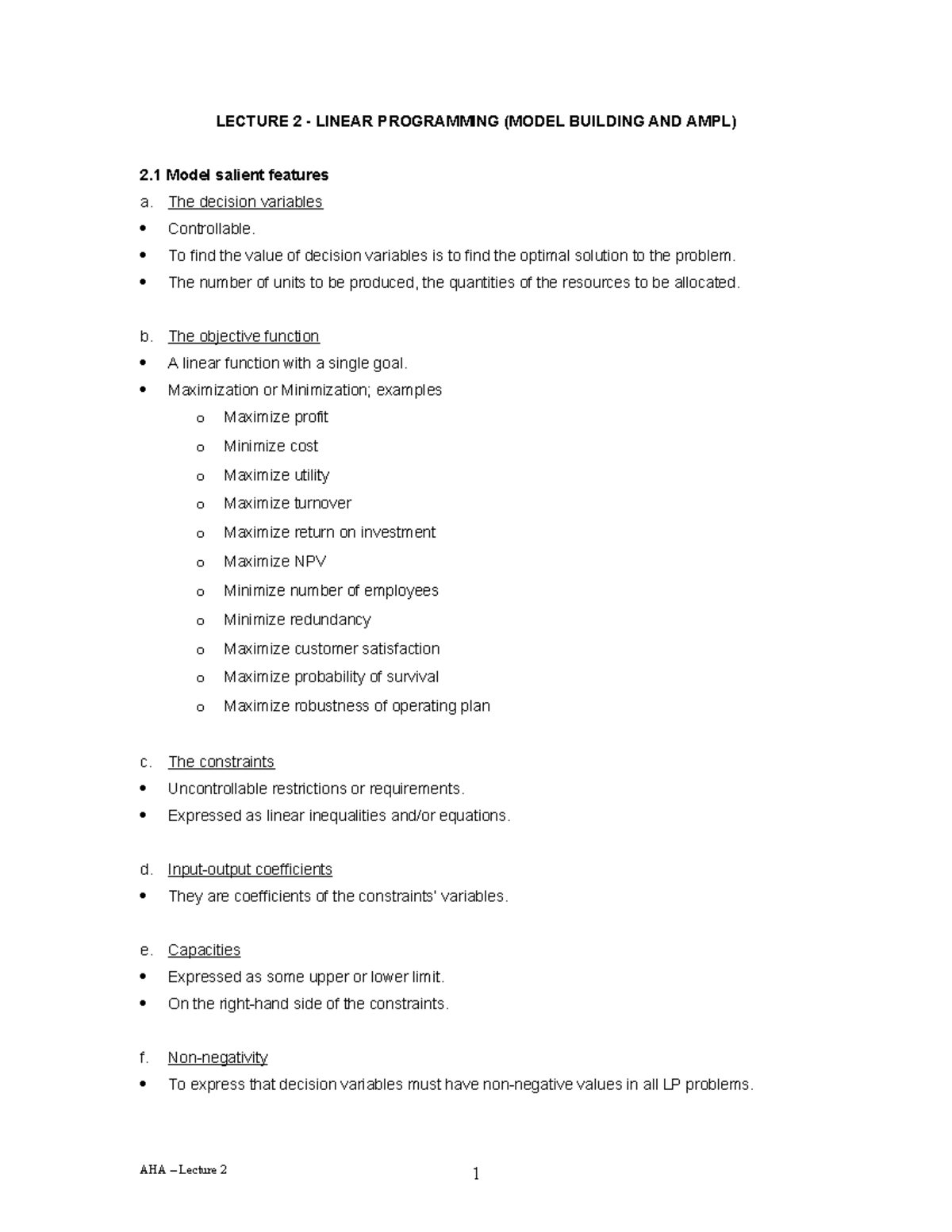 Lecture 2: Linear Programming Concepts and Model Exercises - Studocu