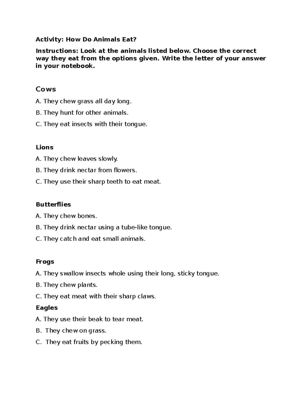 How Do Animals Eat Worksheet - Activity: How Do Animals Eat ...