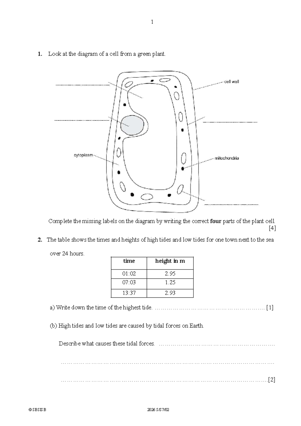 Y7 SBSISB 2026 Paper 2 - Science Questions and Diagrams - Studocu