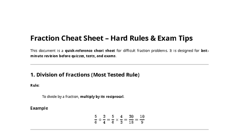 Fraction Cheat Sheet: Hard Rules & Exam Tips for Last-Minute Revision ...