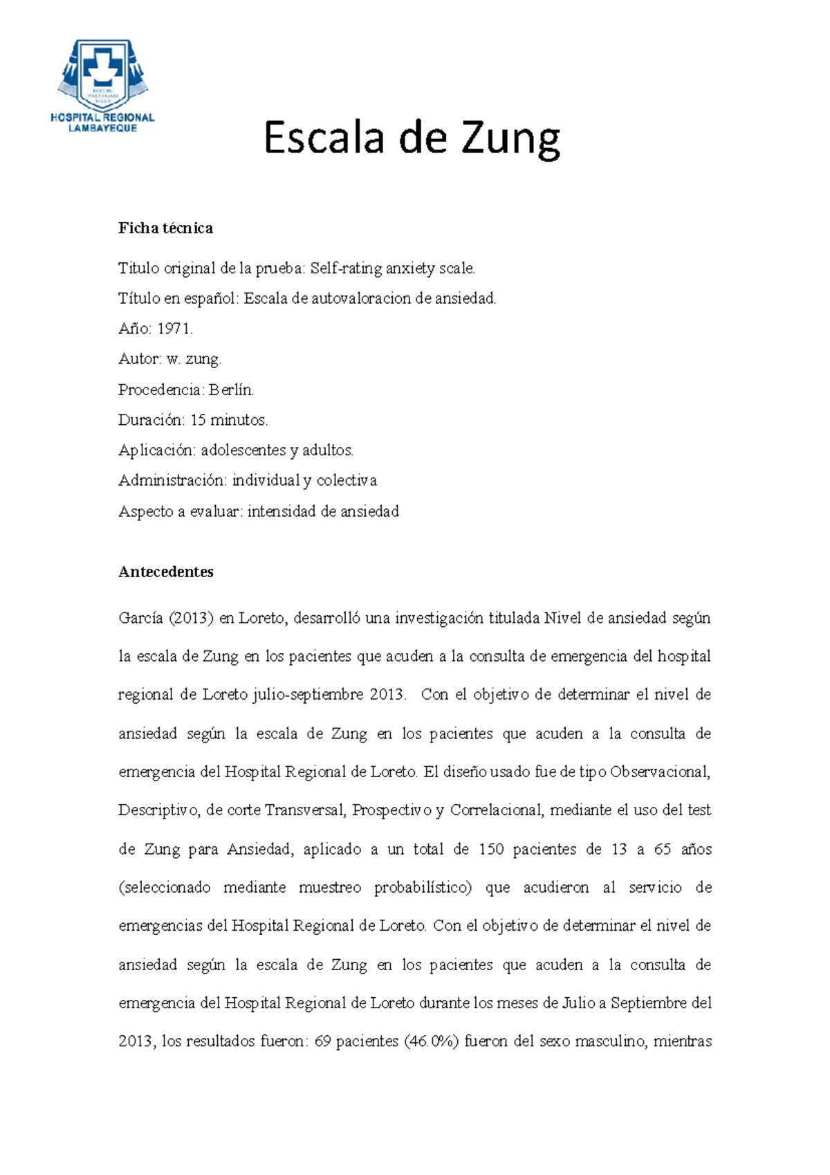 Antecedentes zung - Ficha técnica Titulo original de la prueba: Self ...