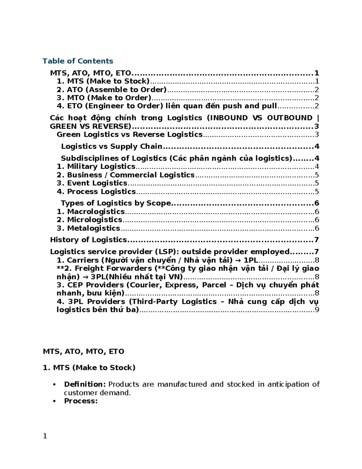 Logistics Overview: MTS, ATO, MTO, ETO & Key Concepts - Studocu