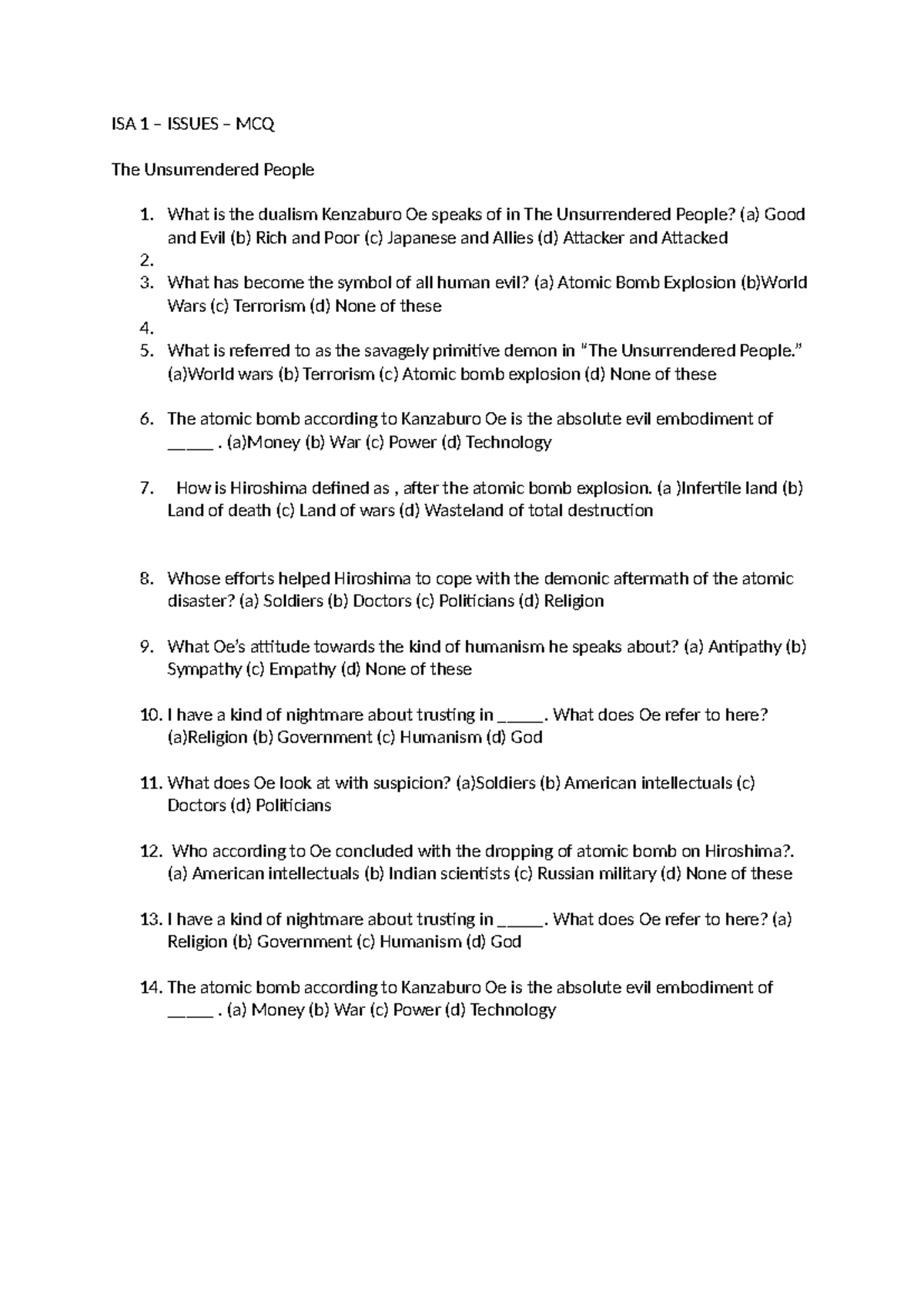 ISA 1 - issues - ISA 1 – ISSUES – MCQ The Unsurrendered People 1. What ...