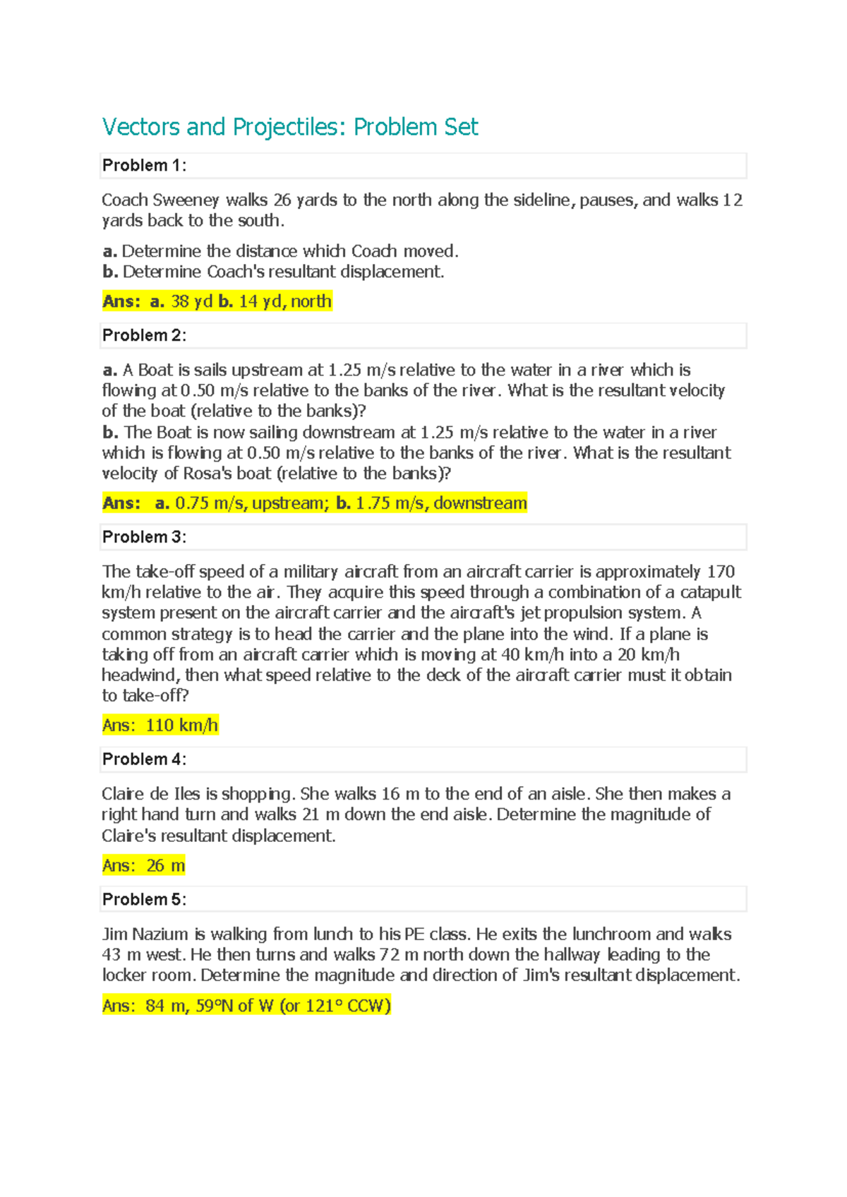 Vectors and Displacement: Problem Set for Physics 101 - Studocu