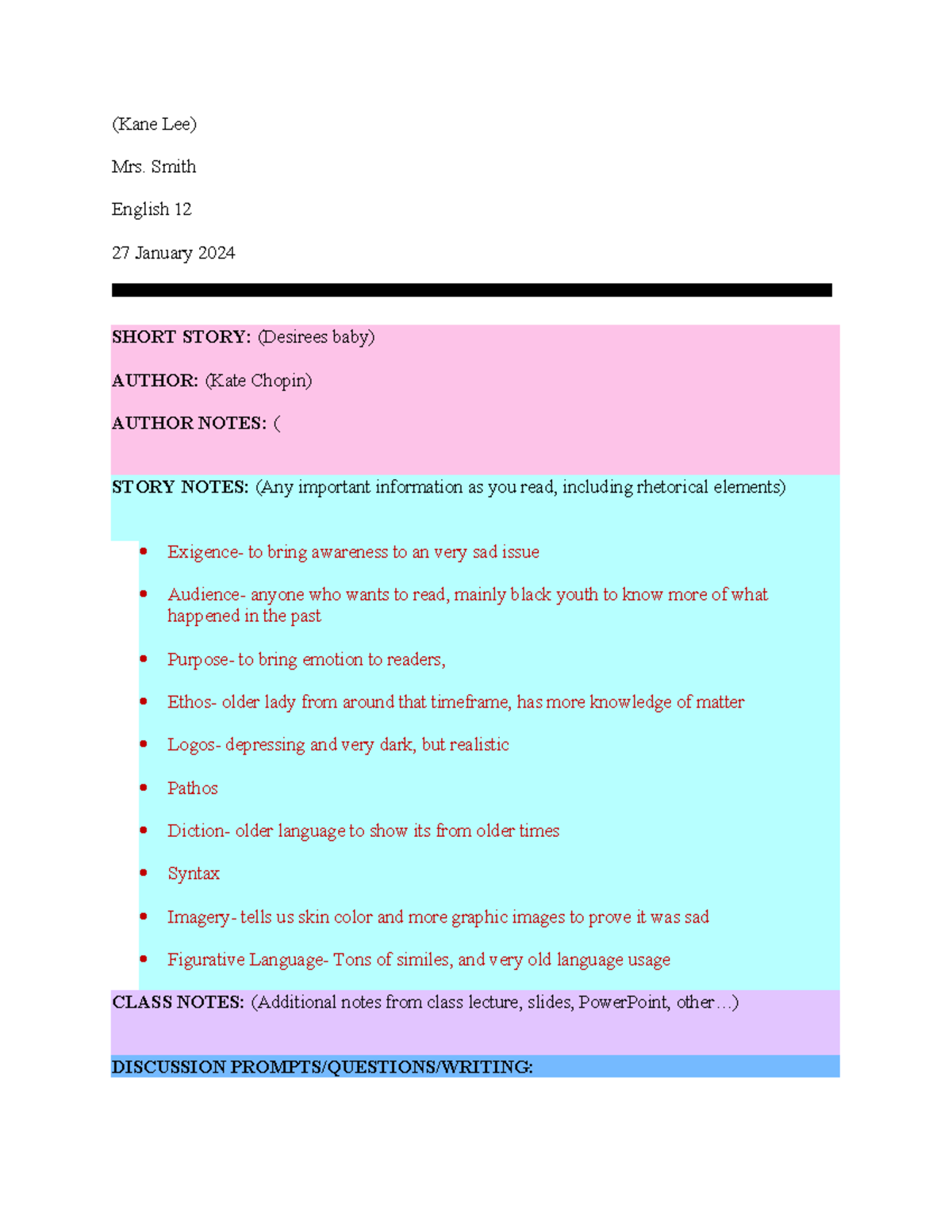 English 12 Short Story Note-Taking: Rhetorical Elements & Analysis ...