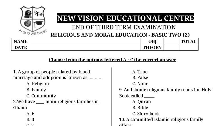 RME B2 - End of Third Term Examination Questions and Answers - Studocu
