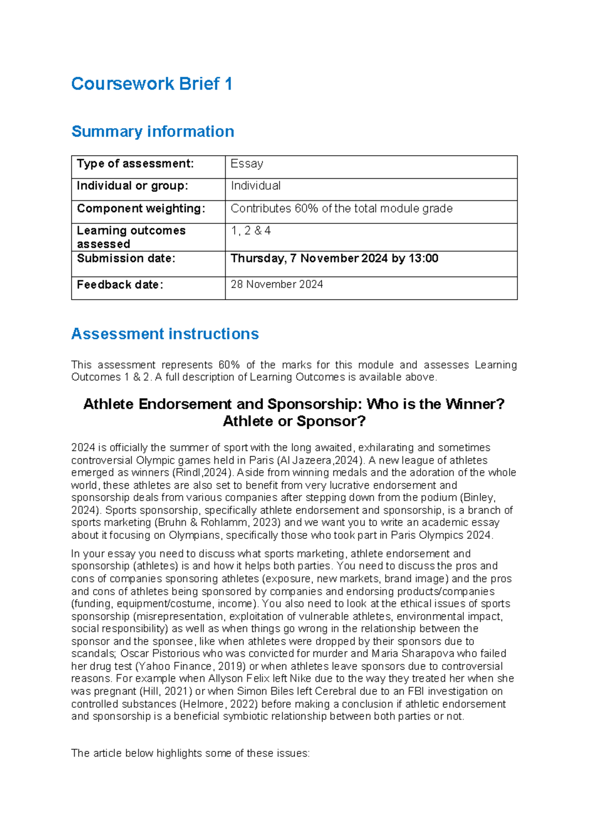 Assessment 1 - Full Brief - Coursework Brief 1 Summary information ...