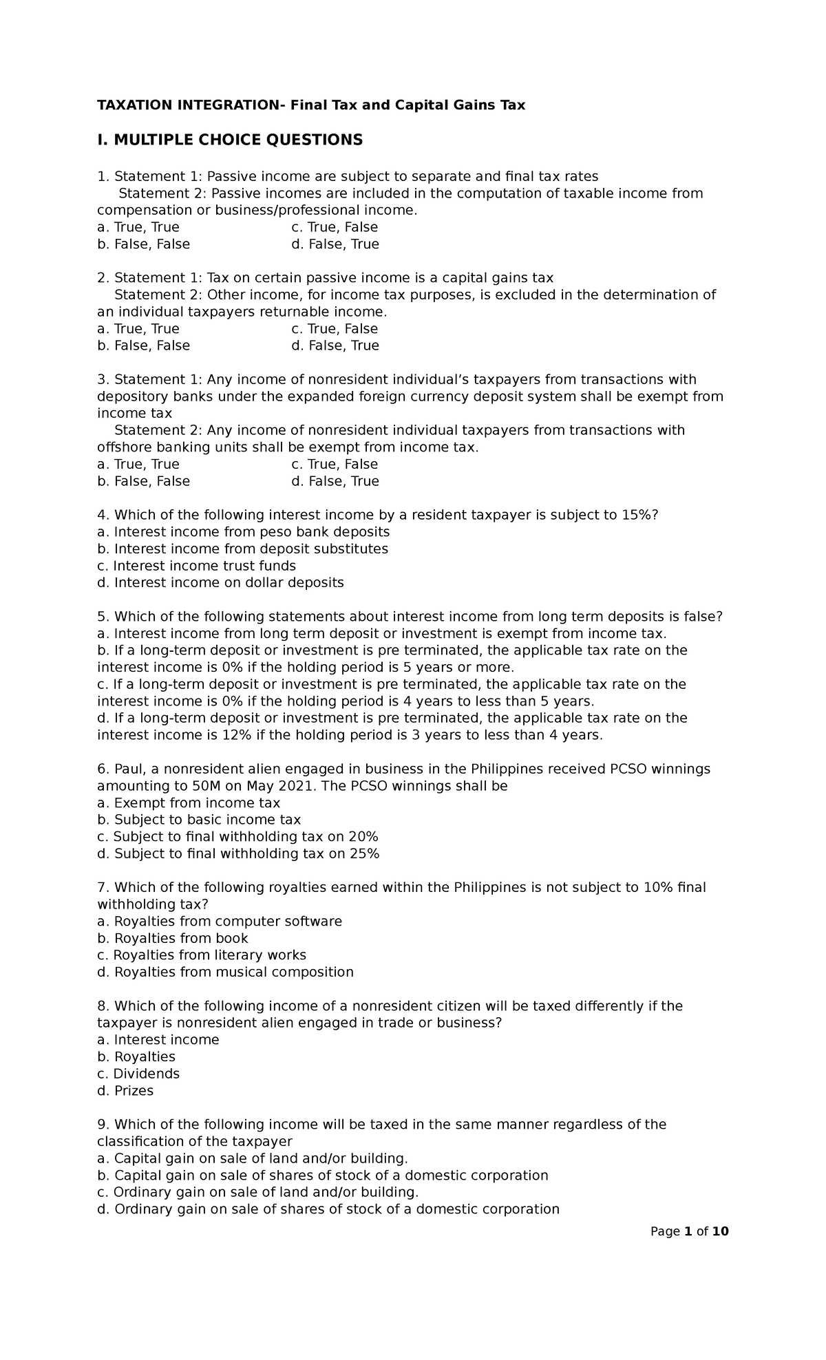 TAX Integ 2025 Final Exam: Taxation & Capital Gains Tax MCQs - Studocu