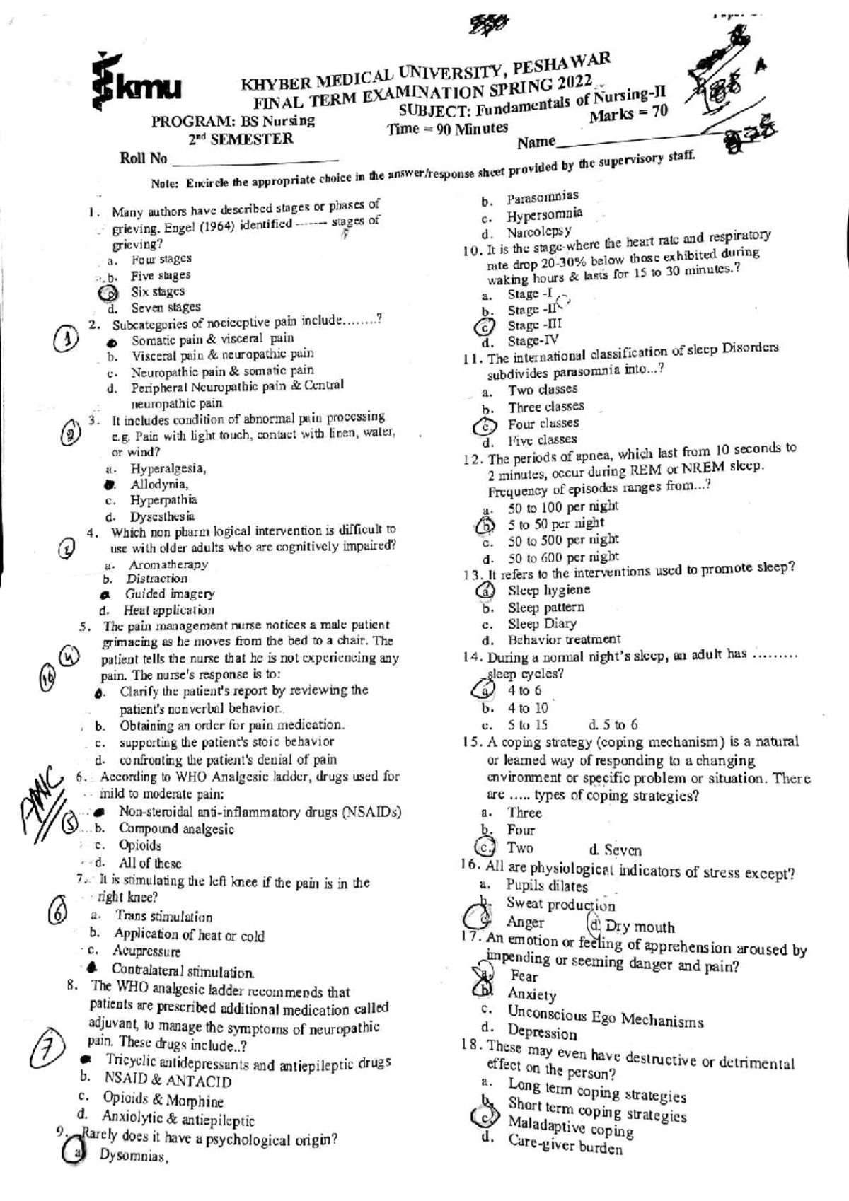 FON 2 Paper 2023 - Important MCQs for BS Nursing Exam - Studocu
