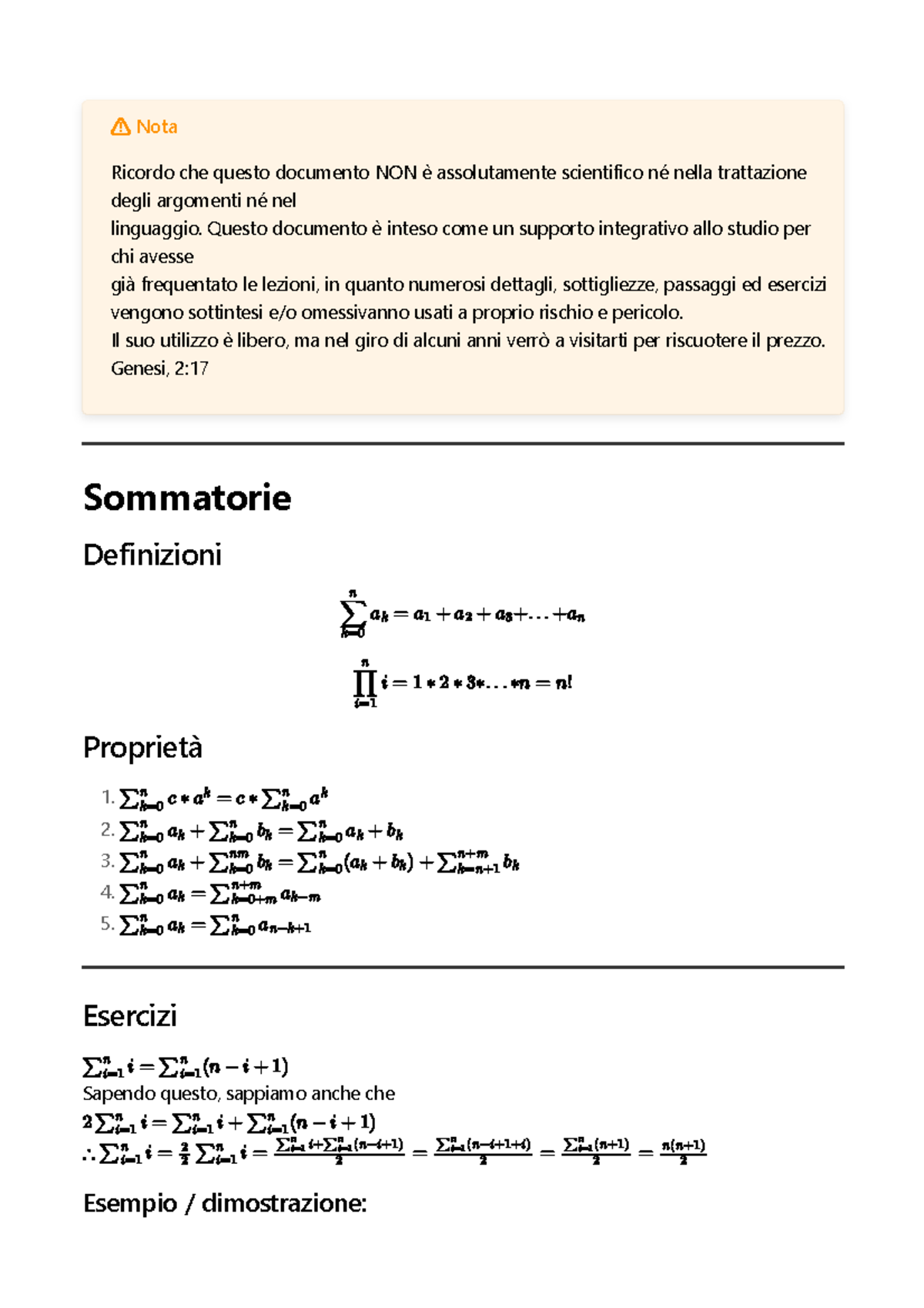 Analisi 2 esercizi - Sommatorie Definizioni Proprietà 1. 2. 3. 4. 5 ...