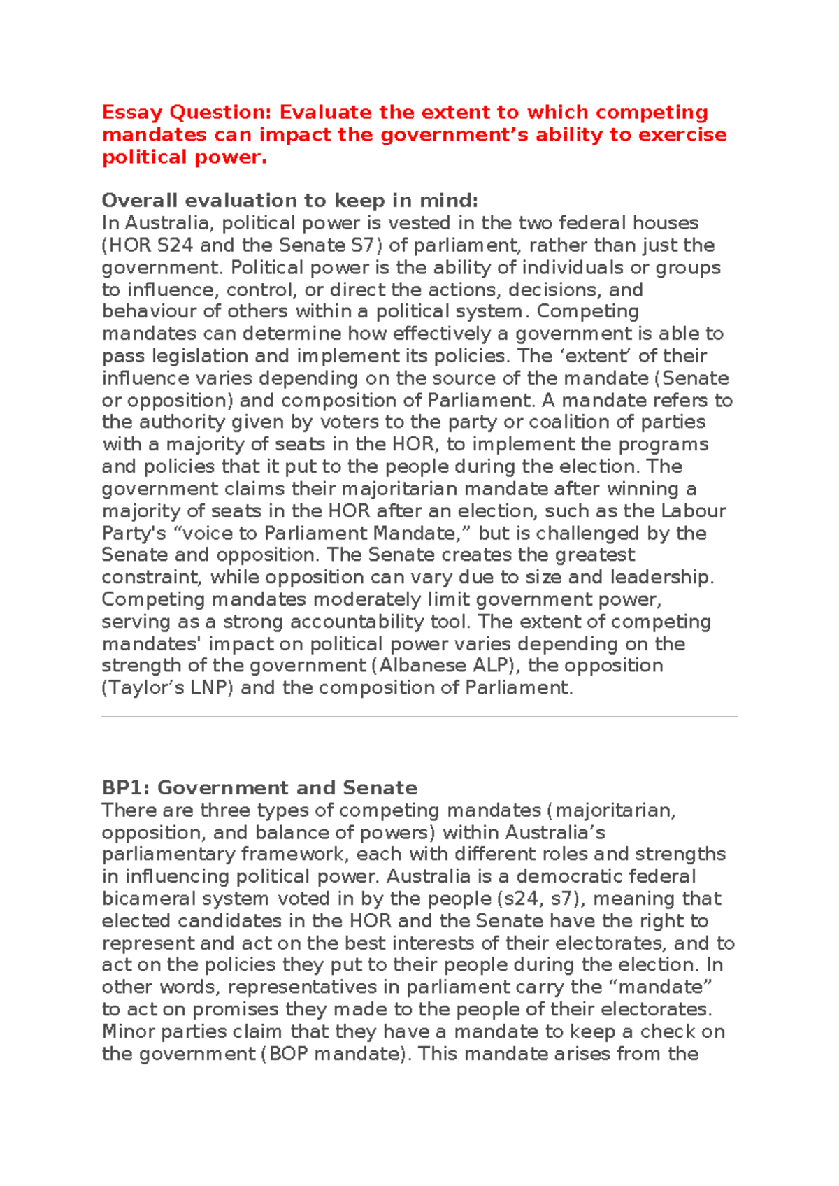 Competing Mandates and Political Power in Australia - Politics and Law ...