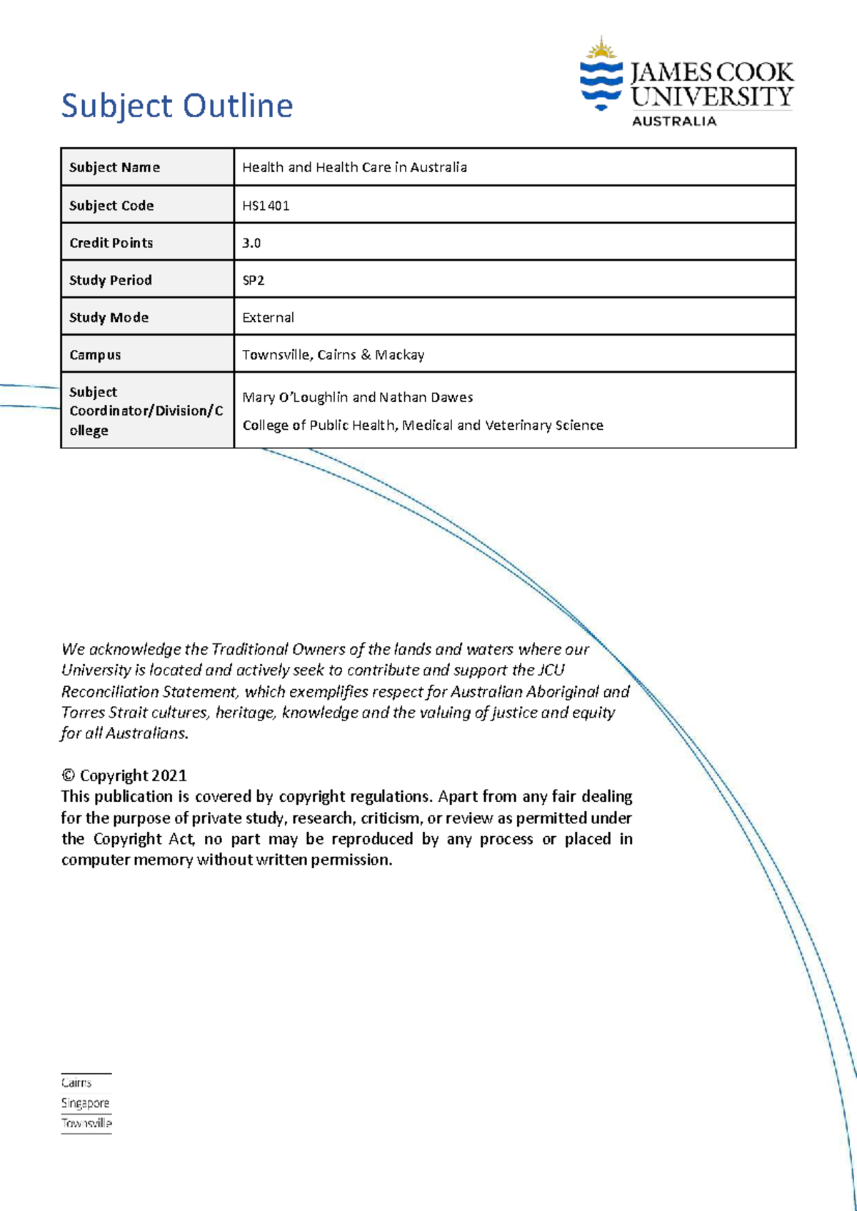 2021 HS1401 Subject Outline: Health and Health Care in Australia - Studocu