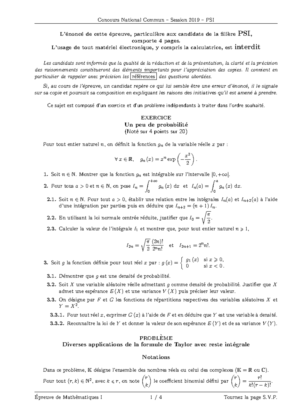 Concours National Commun 2019 PSI - Épreuve de Mathématiques - Studocu
