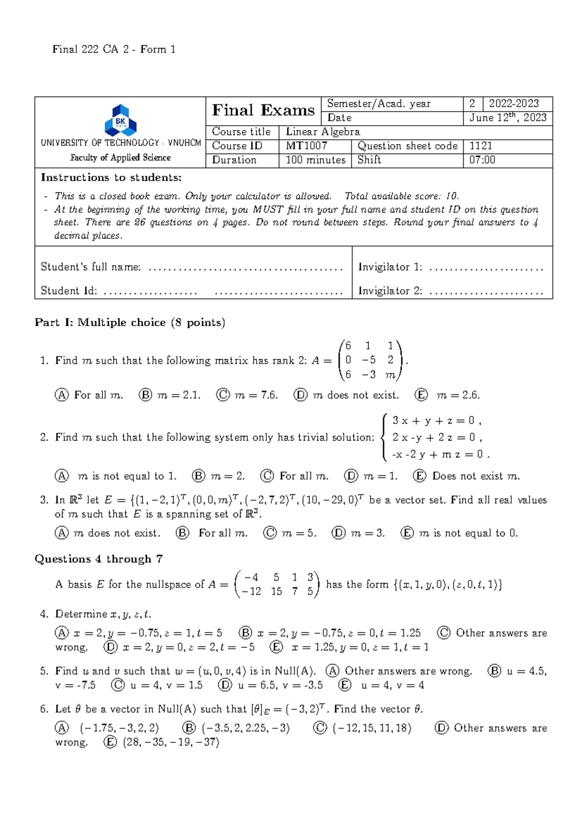 Final Exam MT1007 Linear Algebra - Question Sheet 1121 - Studocu