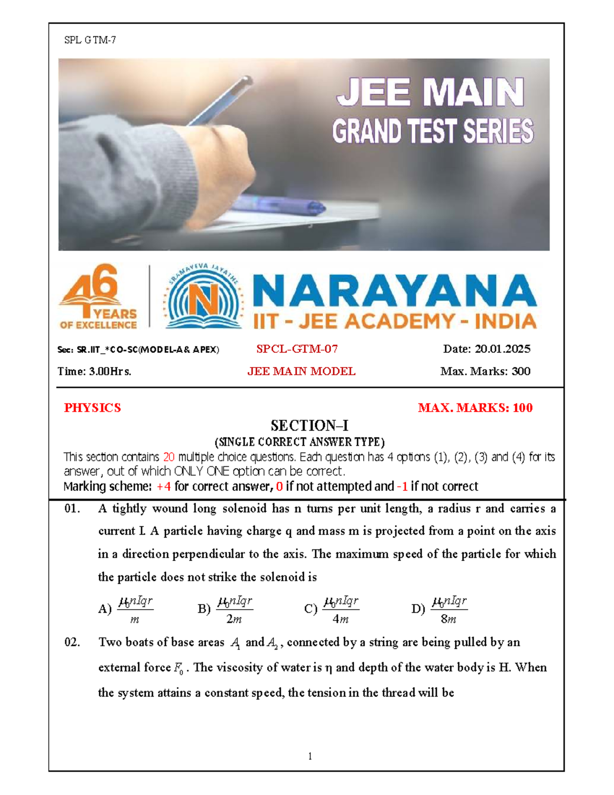 JEE MAIN 2025 Model Paper - Physics & Mathematics SPL - Studocu