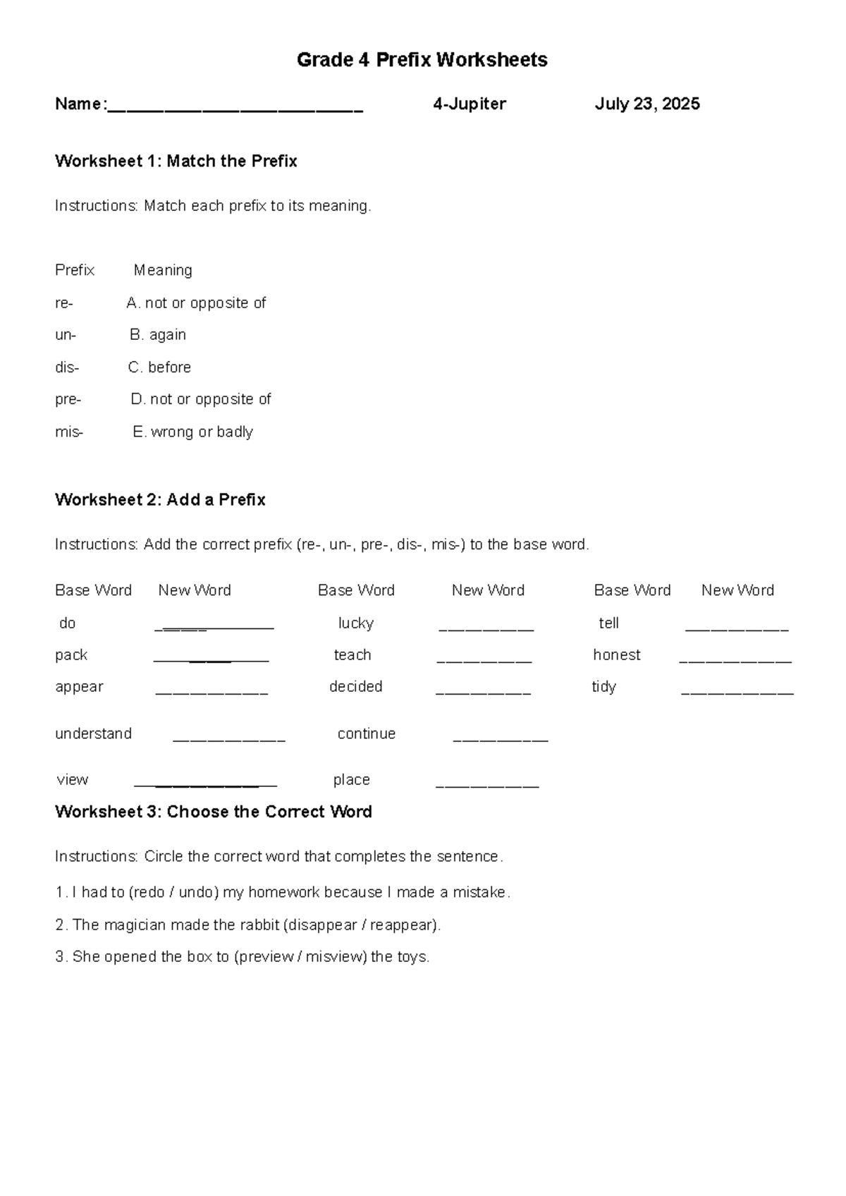 Grade 4 Prefix Worksheets - Activities & Exercises - Studocu
