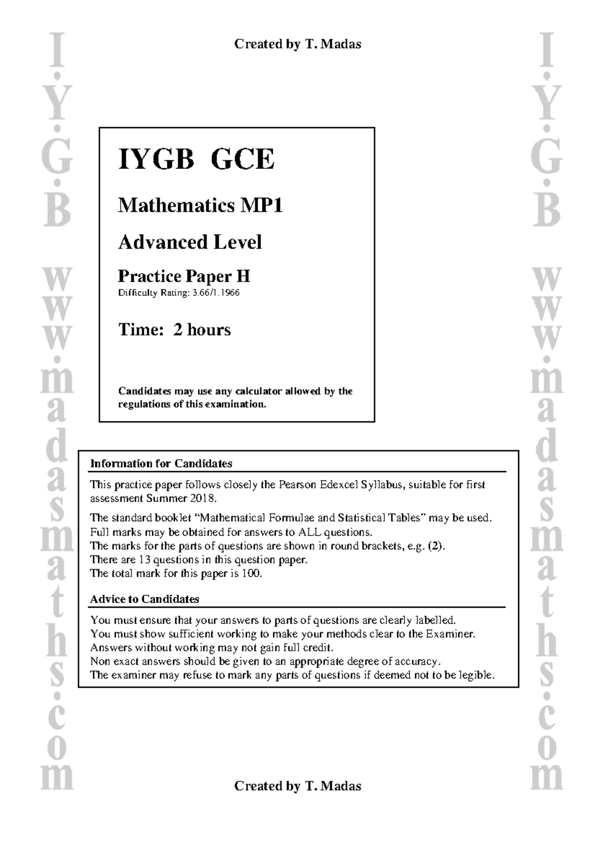 Maths MP1 H Advanced Level Practice Paper - Summer 2018 Exam - Studocu