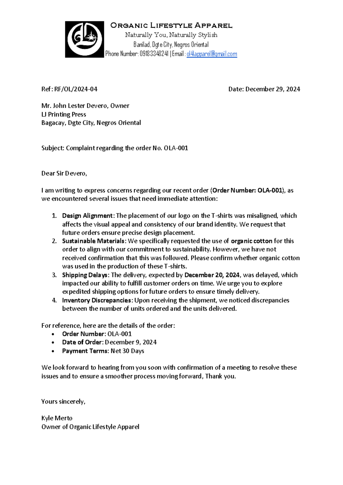 Complaint-Letter-Final - Organic Lifestyle Apparel Naturally You ...