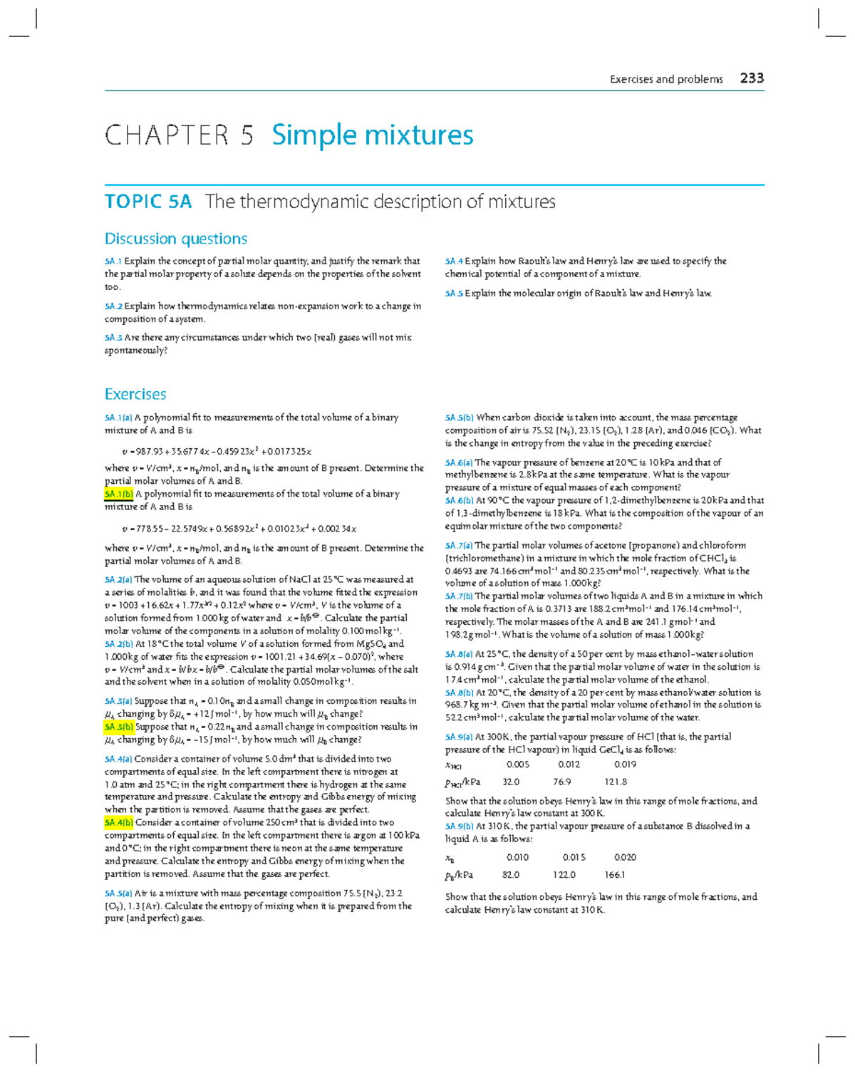 Chapter 5 Exercises & Problems on Simple Mixtures (Chem 233) - Studocu