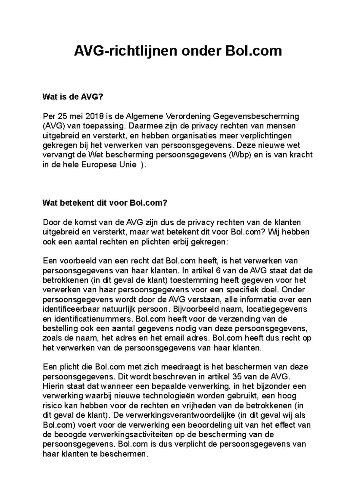 AVG Richtlijnen en Verplichtingen voor Bol.com - Presentatie Voorbeeld - Studeersnel