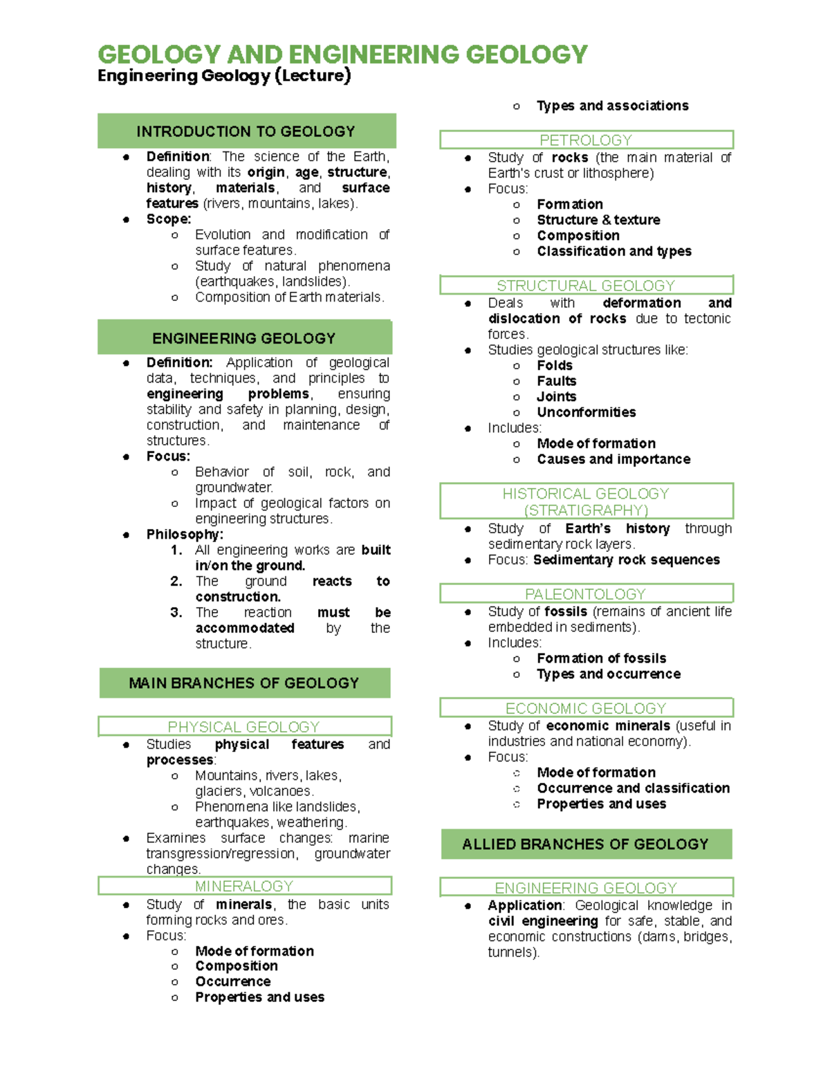 Engineering Geology (Lecture) - Comprehensive Study Notes - Studocu