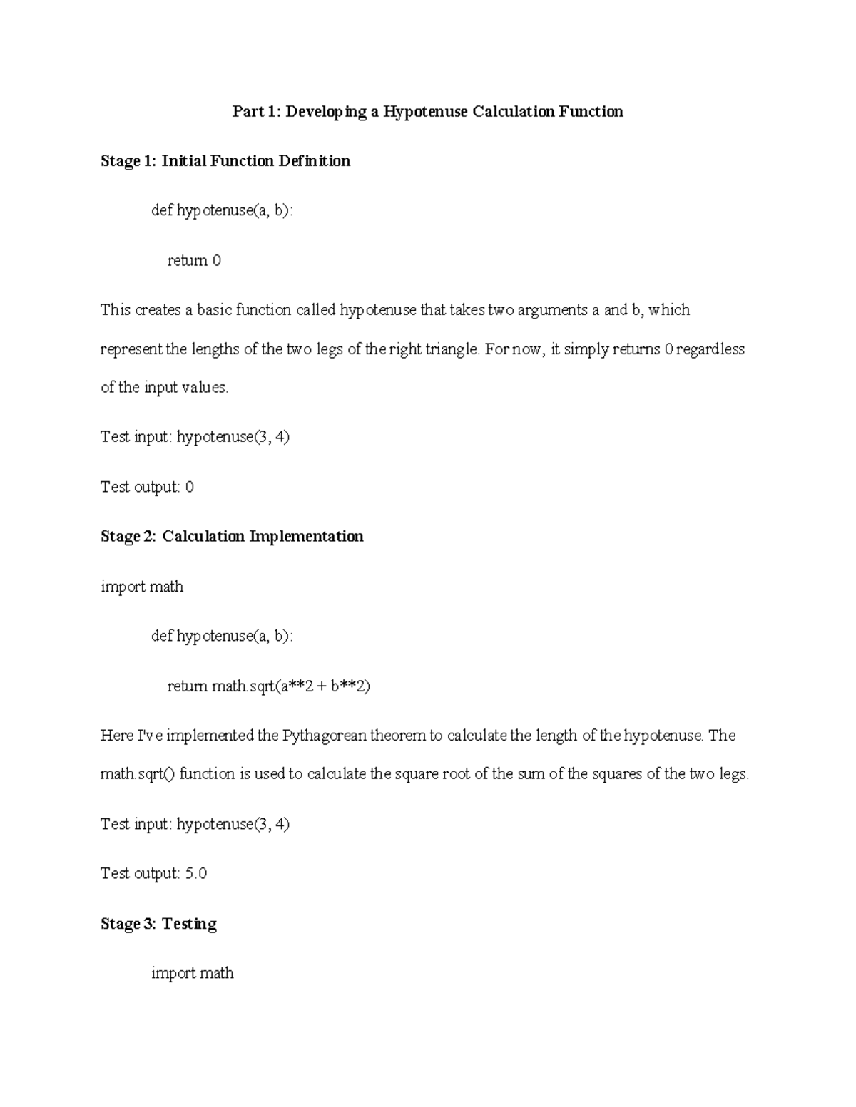 CS 1101-01 - AY2024-T5 Programming Assignment Unit 4 - Part 1: Developing a Hypotenuse ...