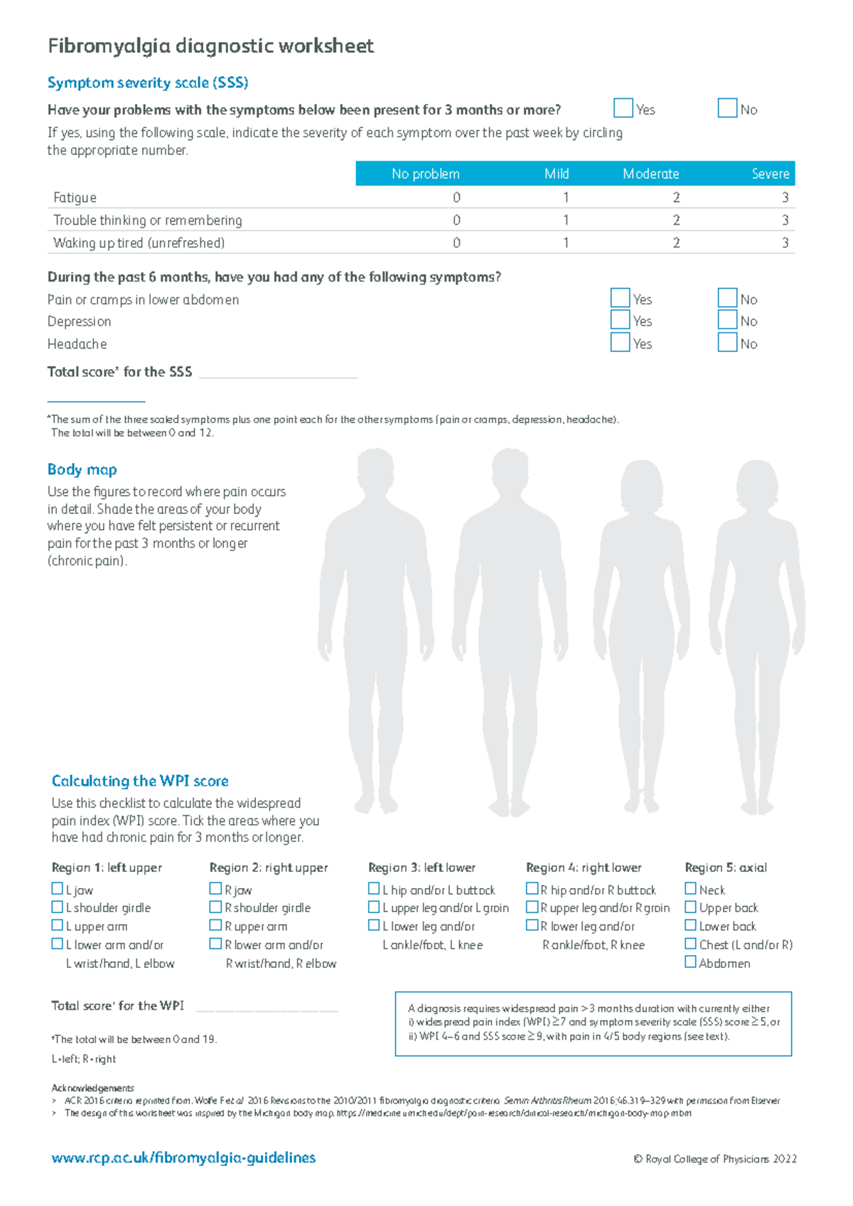 Fibromyalgia Syndrome Diagnostic Worksheet: Symptom Severity Scale ...