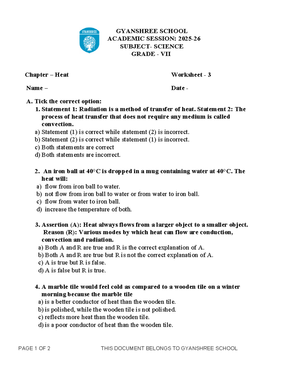 GYANSHREE SCHOOL SCIENCE GRADE VII: Chapter Heat Worksheet 3 - Studocu