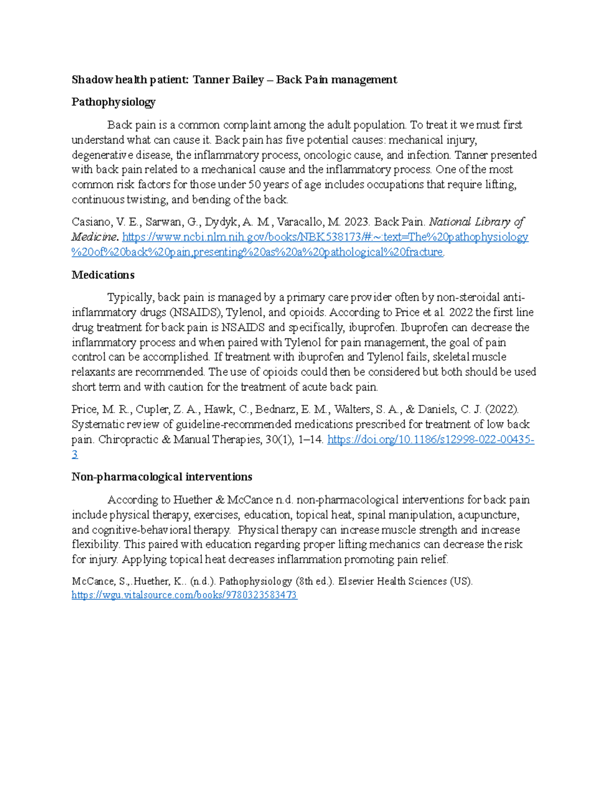 Shadow Health Patient: Tanner Bailey - Back Pain Management Overview - Studocu