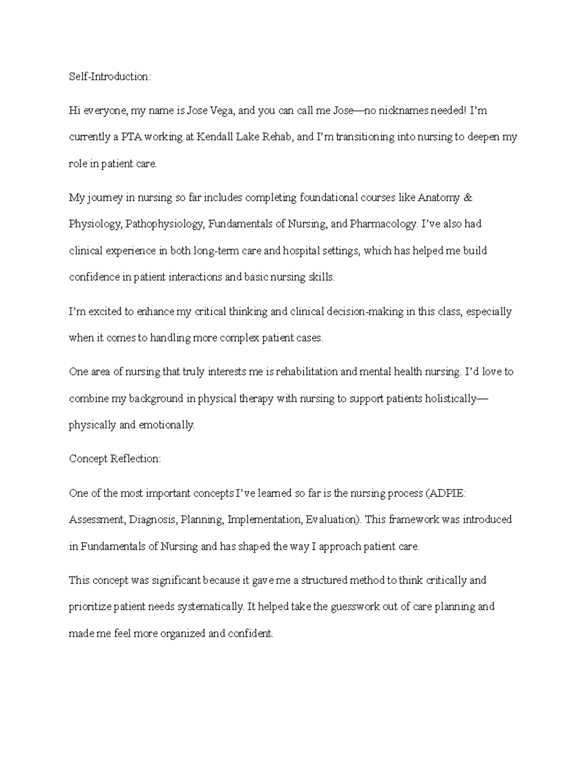 Self-Introduction: Nursing Journey and Key Concepts - NUR 101 - Studocu