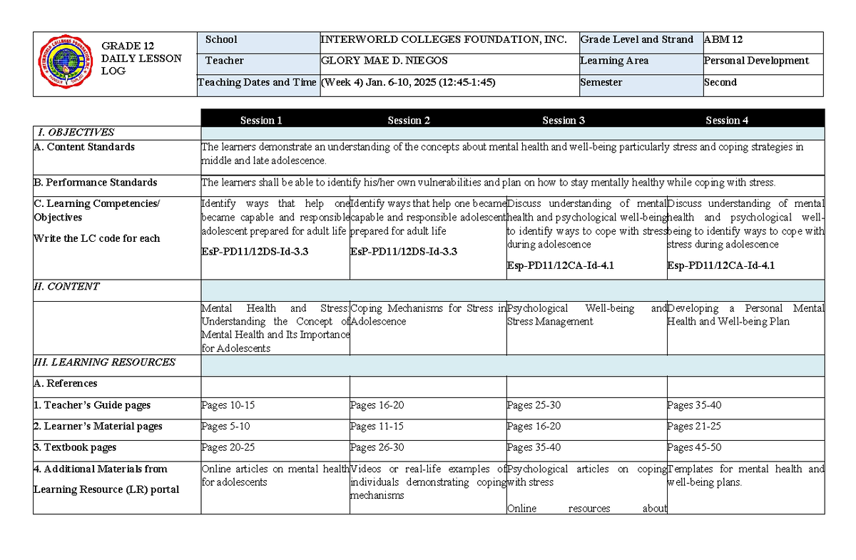 Grade 12 Personal Development Week 4 Lesson Plan on Mental Health - Studocu