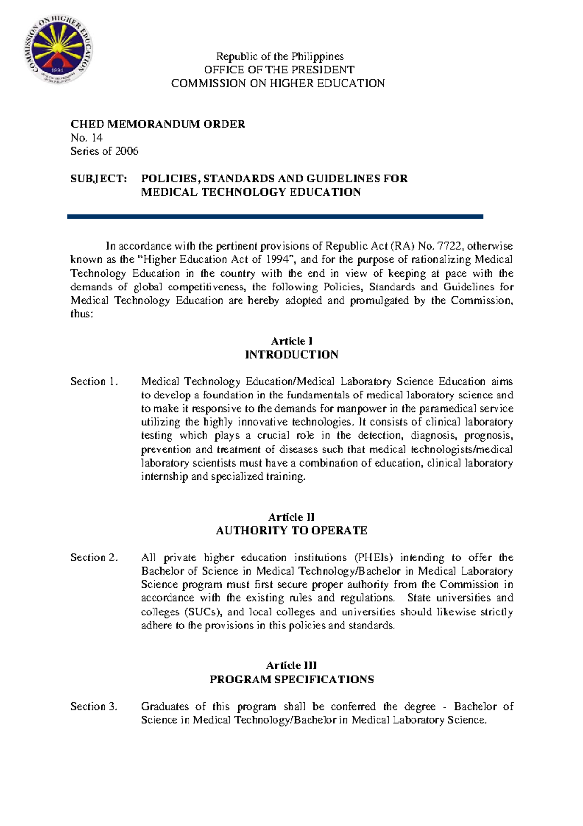 CHED Memorandum Order 14, 2006: Medical Technology Education Standards ...
