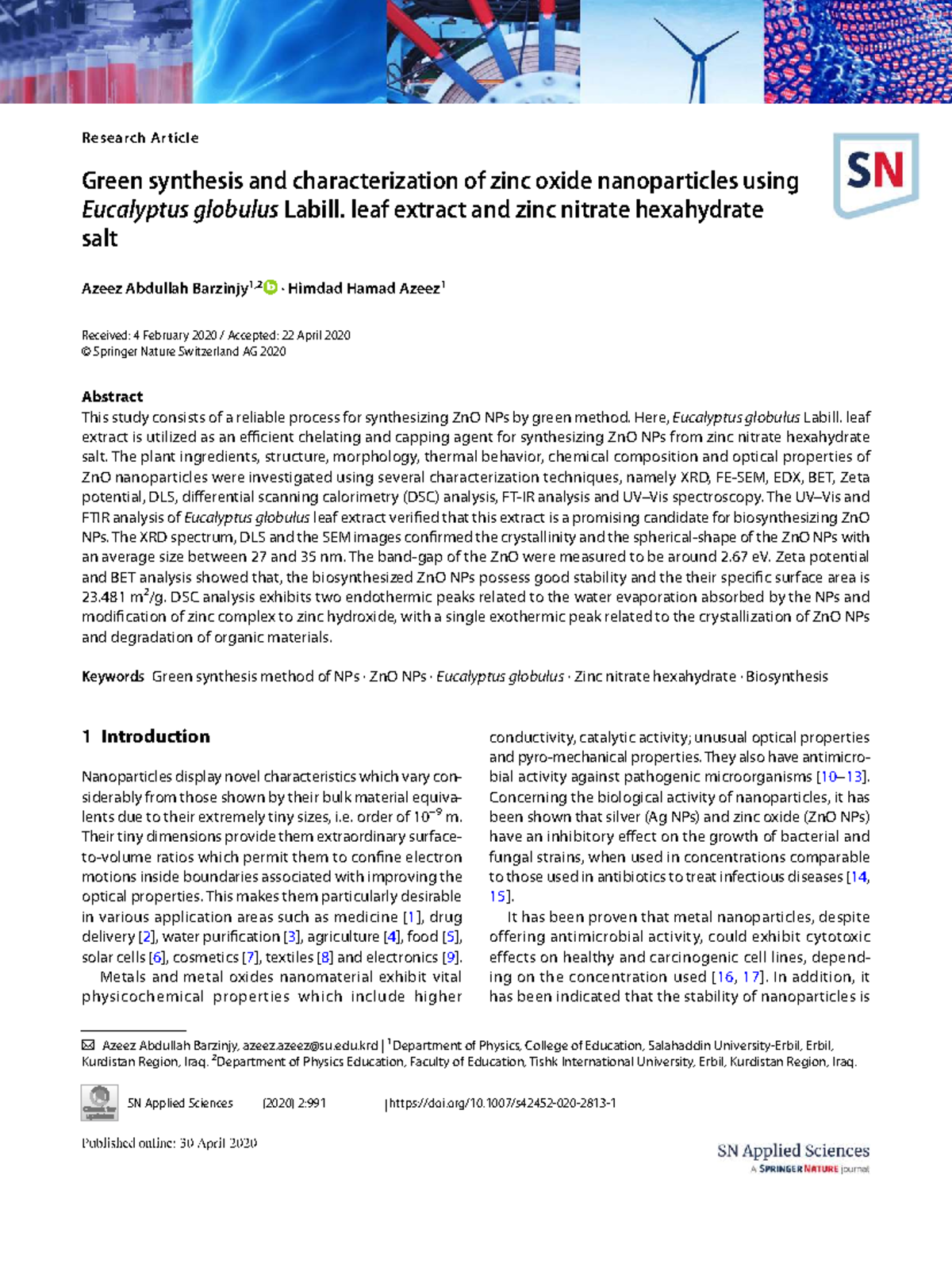 Green Synthesis and Characterization of ZnO NPs Using Eucalyptus ...