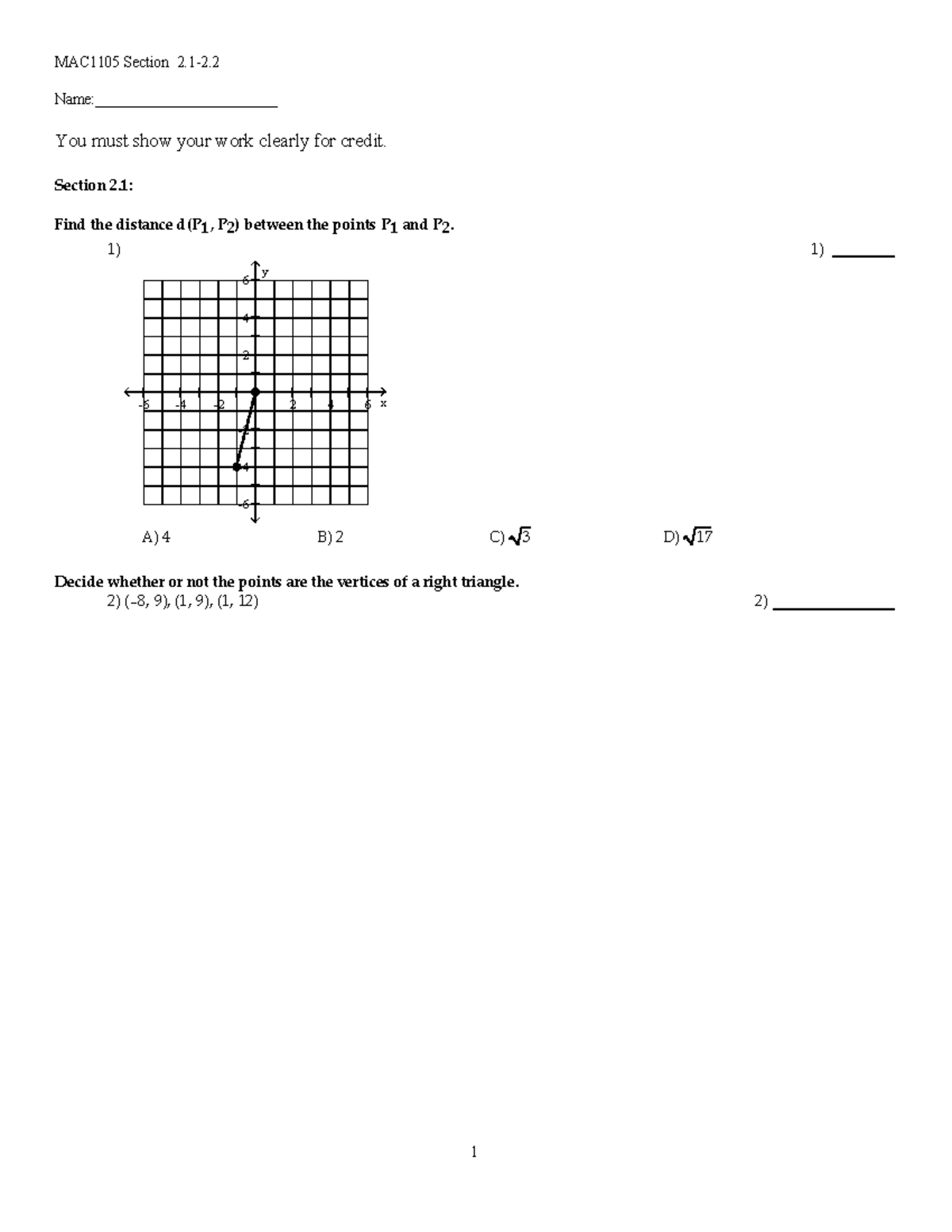 MAC1105 Sec 2 - Distance, Midpoint, and Line Equations Problems - Studocu
