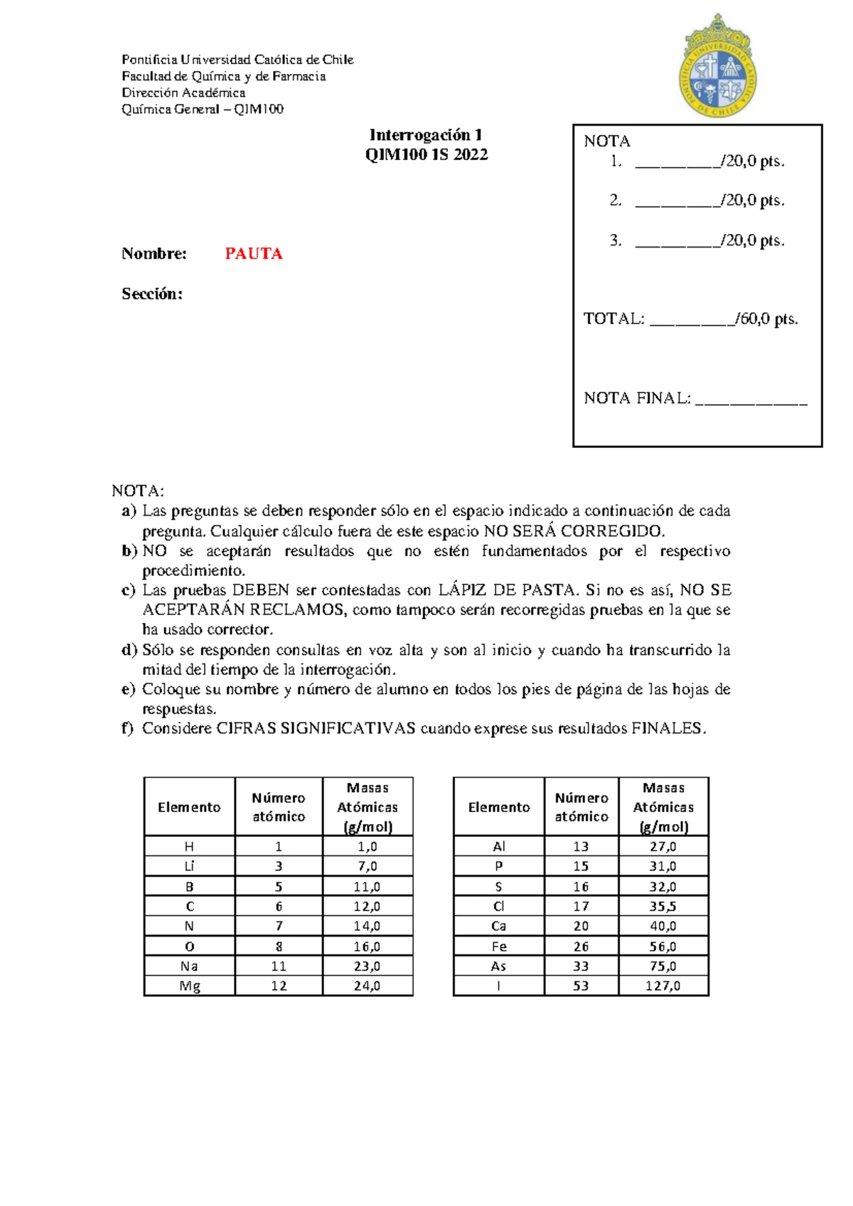 I2 QIM100 1S 2024 Pauta de Interrogación 2 en Química General - Studocu