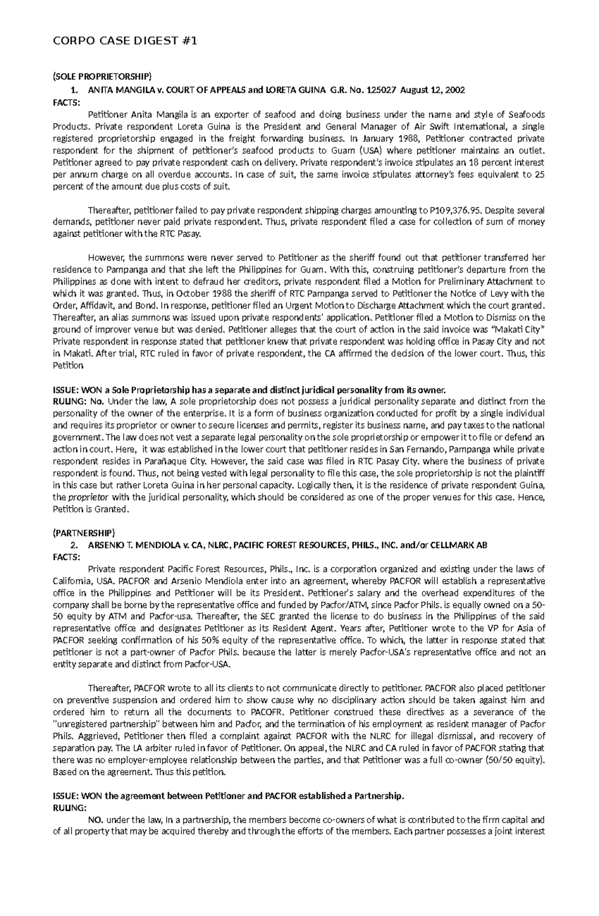 Corpo - Case Digest - Sole Proprietorship, Partnership & Corporation Issues - Studocu