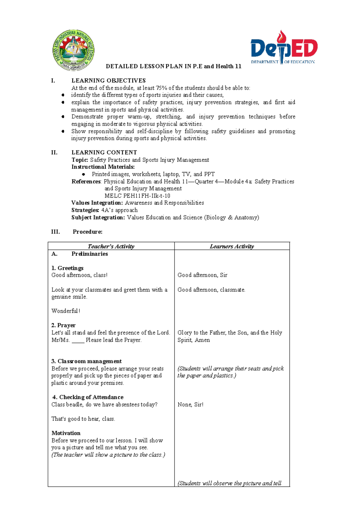 DLP Grade 11 W1-2 - Example of a Lesson Plan 4a's - DETAILED LESSON ...