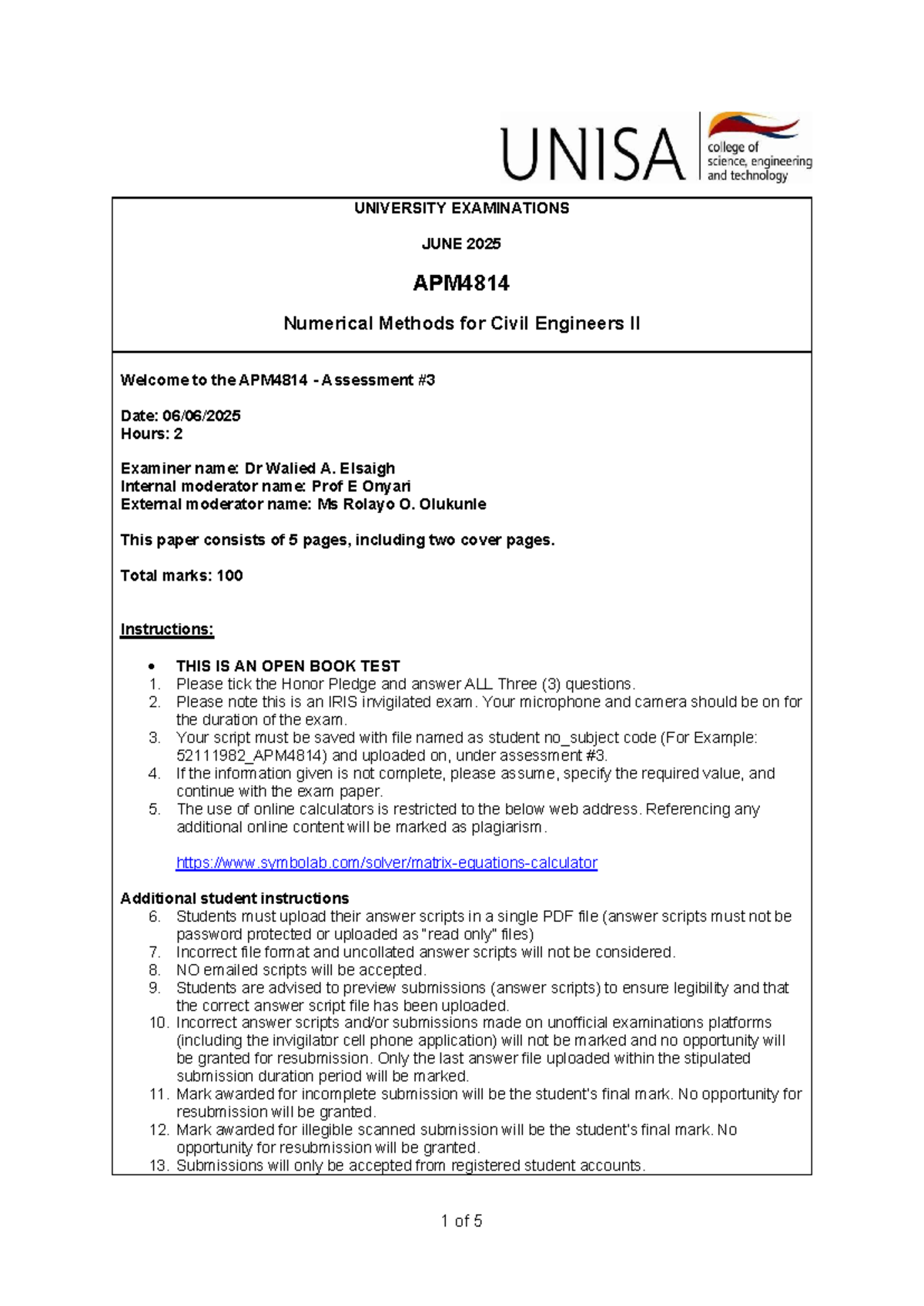 APM4814 Final Exam Guidelines for Numerical Methods 2025 - Studocu