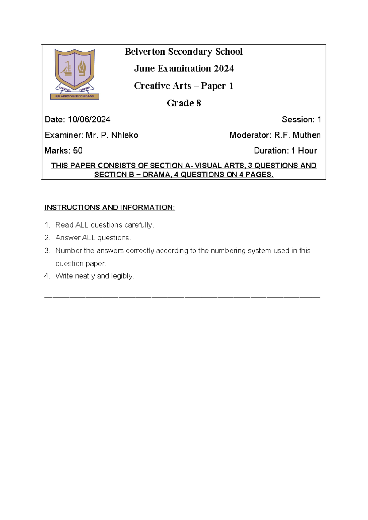 Grade 8 Creative Arts Revision Exam Questions - June 2024 - Studocu